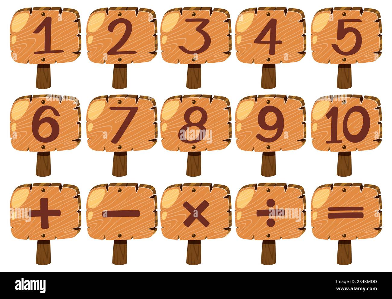 Wooden signs displaying numbers and math symbols Stock Photo - Alamy