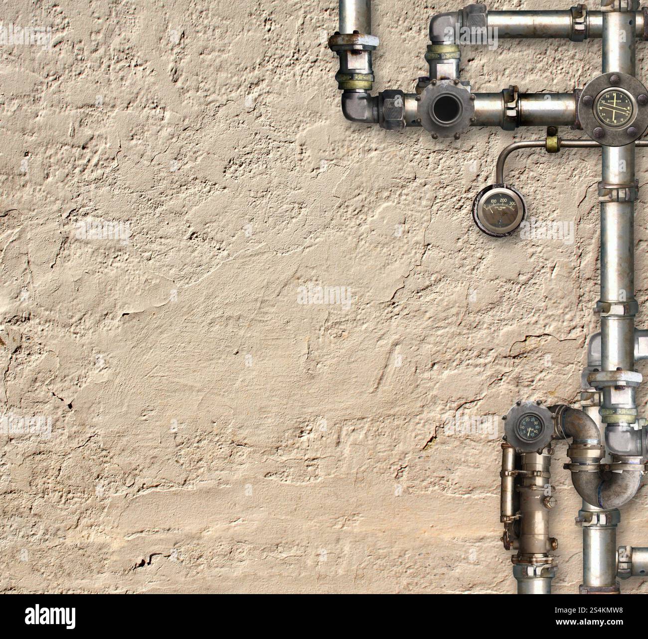 Vintage steampunk backdrop with pipes on stucco wall. Open space with ...