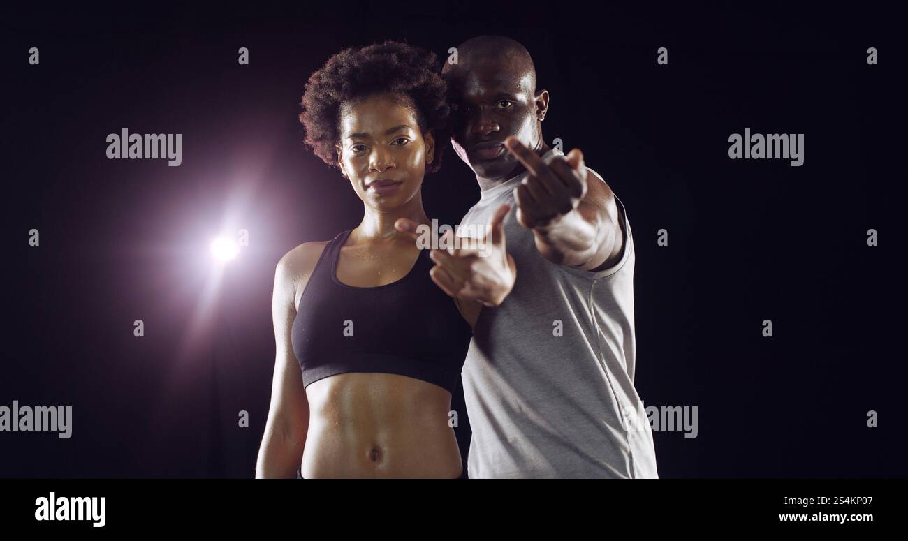 Fitness, portrait and people with middle finger, review or opinion on ...