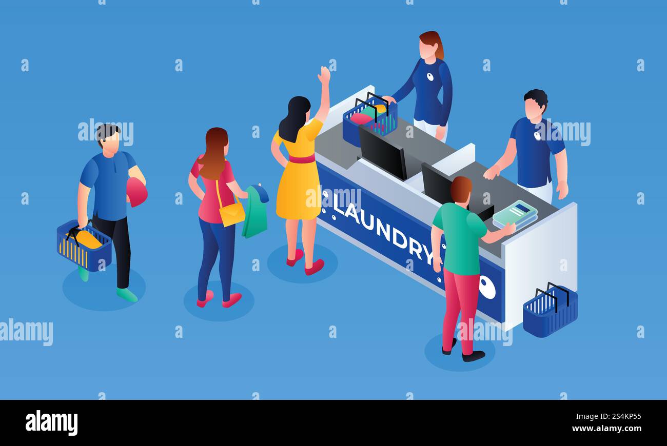 Laundry cashier desk banner. Isometric illustration of laundry cashier ...