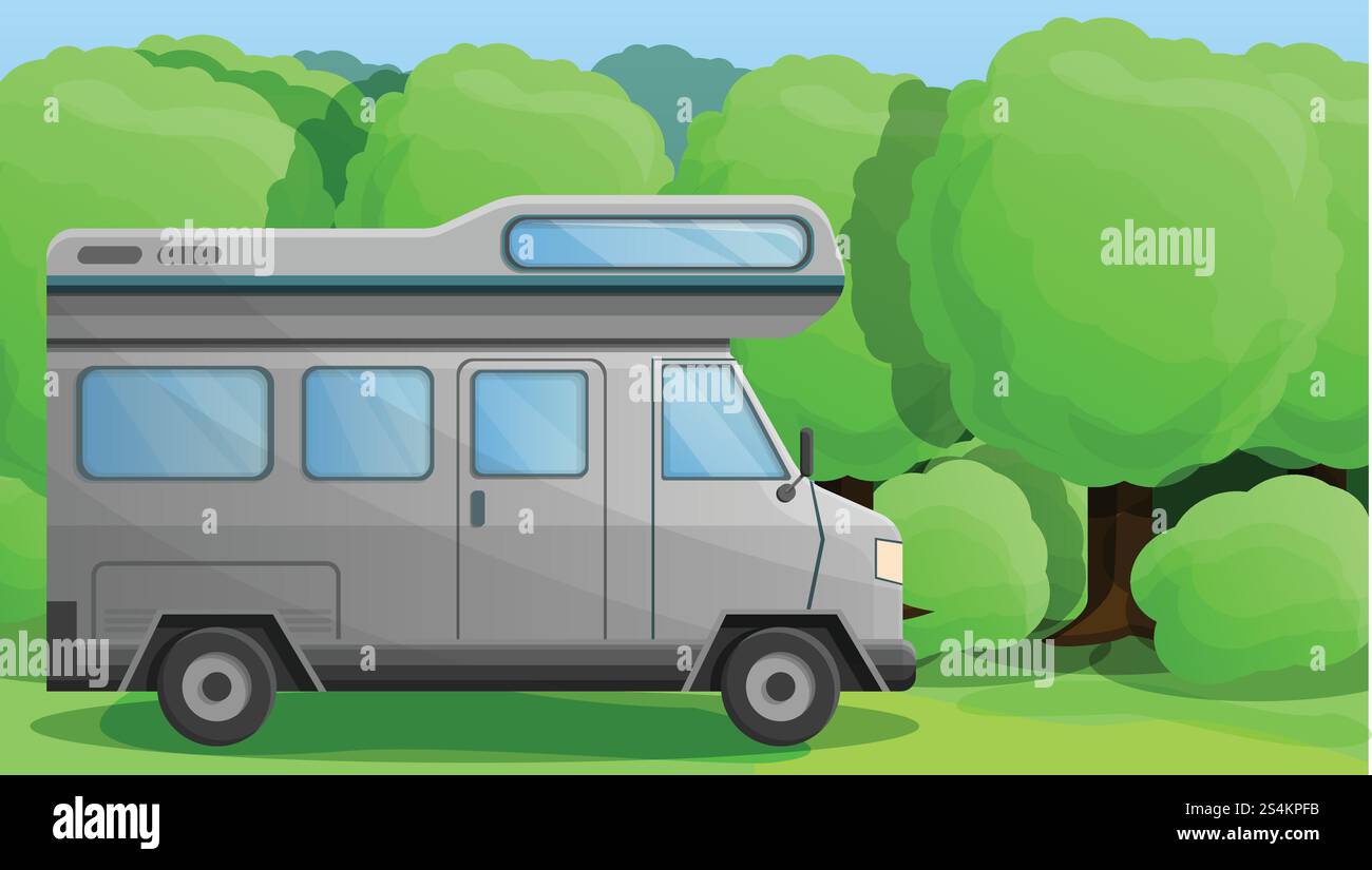 Camper truck concept banner. Cartoon illustration of camper truck ...