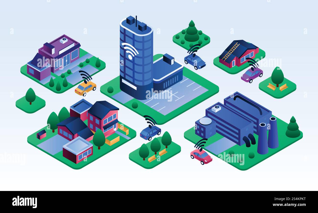 Intelligent city building banner. Isometric illustration of intelligent ...