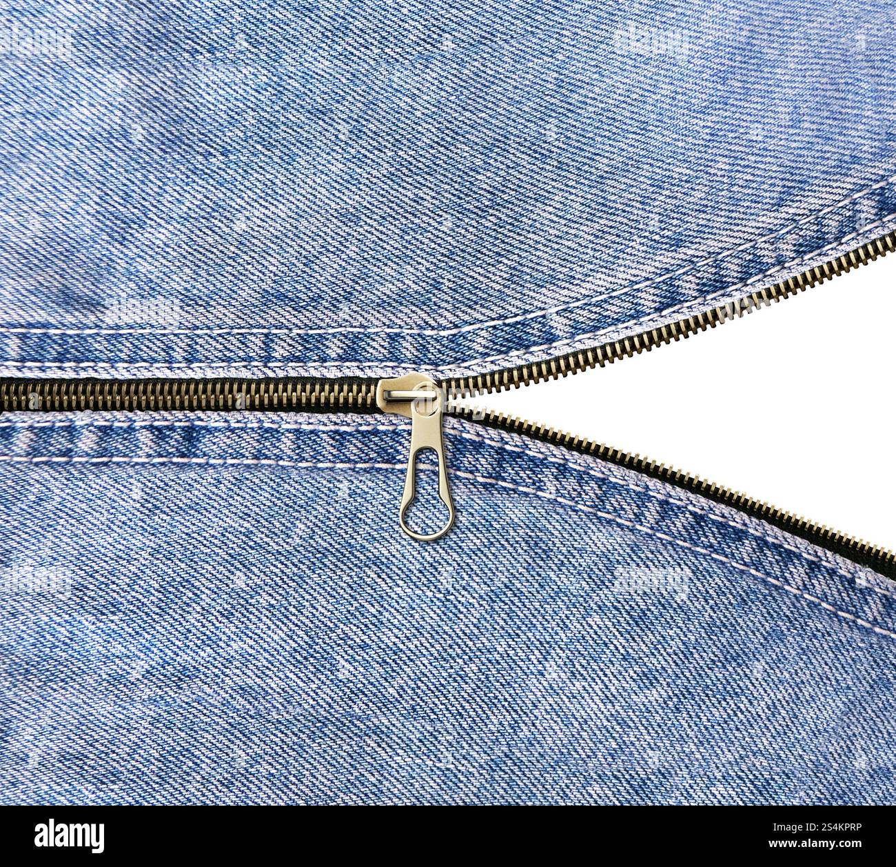 Denim zipper opened. Unzipped zipper or fastener. Open zip and denim ...