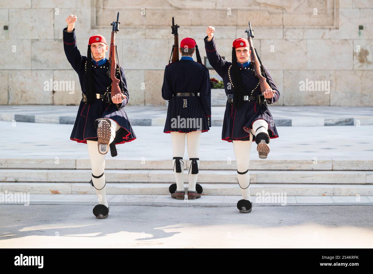 Soldiers at the changing of the Evzones guards at the tomb of the unknown soldier at Syntagma ...
