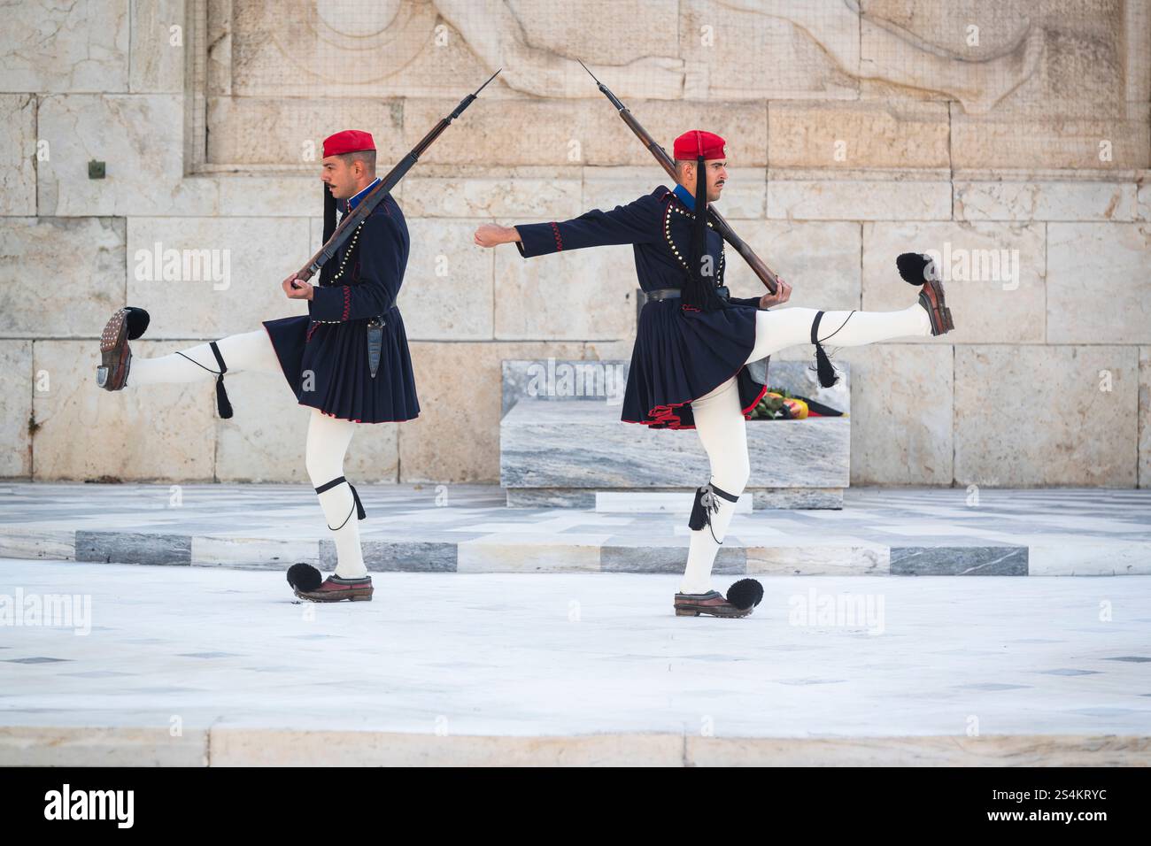 Soldiers at the changing of the Evzones guards at the tomb of the unknown soldier at Syntagma ...