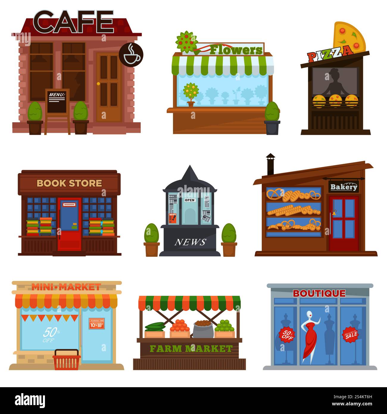 Shops and cafes street showcases with products set cozy cafe hi-res ...