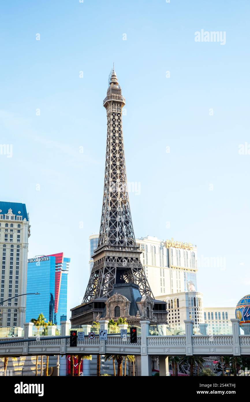 Replica of Eiffel Tower, Paris Las Vegas Hotel. Blue Sunny Sky on Background. France in The USA ...
