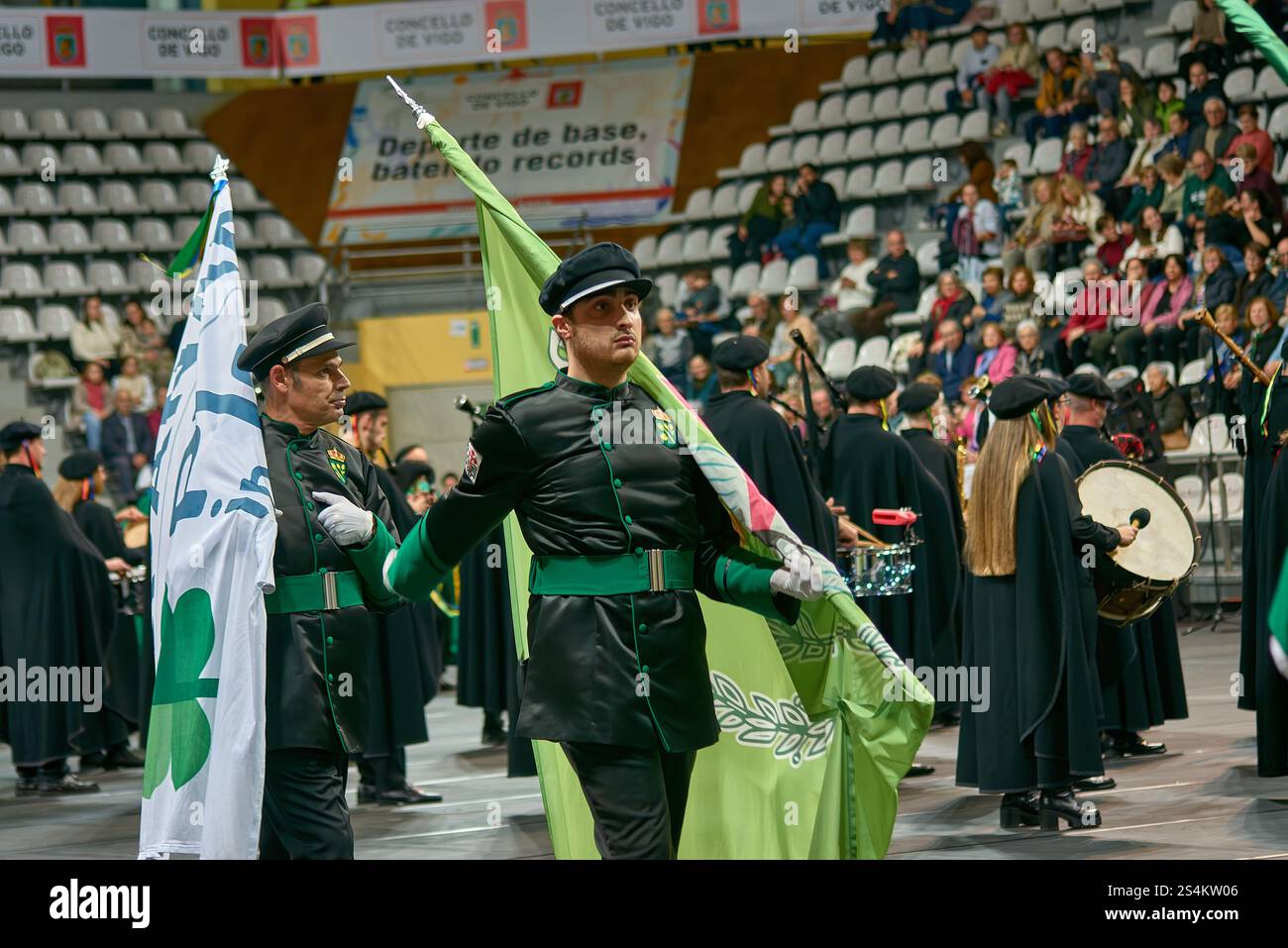 Vigo,Spain;January,11,2025:Flag bearers in traditional uniforms proudly ...