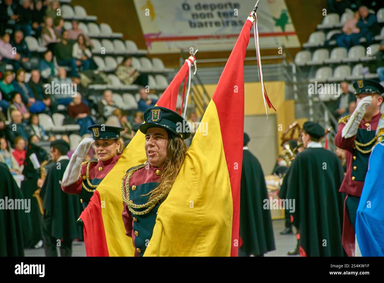 Vigo,Spain;January,11,2025:Flag bearers in traditional uniforms proudly ...