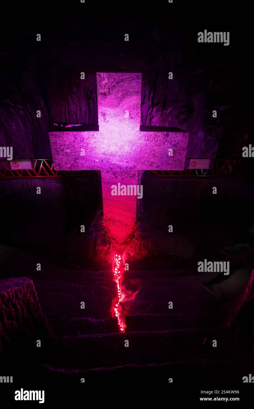 Illuminated cross representing stations of the cross, illustrate the ...