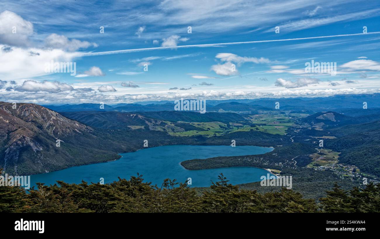 Aerial view of Lake Rotoiti and St. Arnaud viewed from Parachute Rocks ...