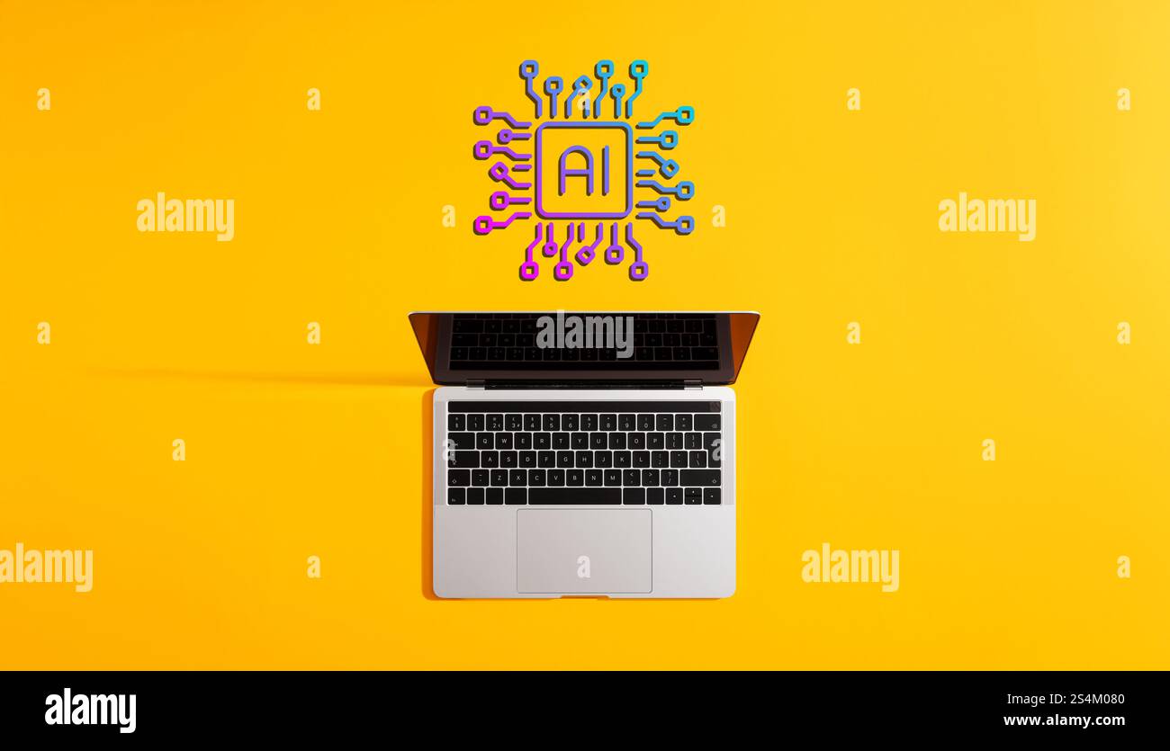 Open laptop displaying artificial intelligence chip hovering above it ...