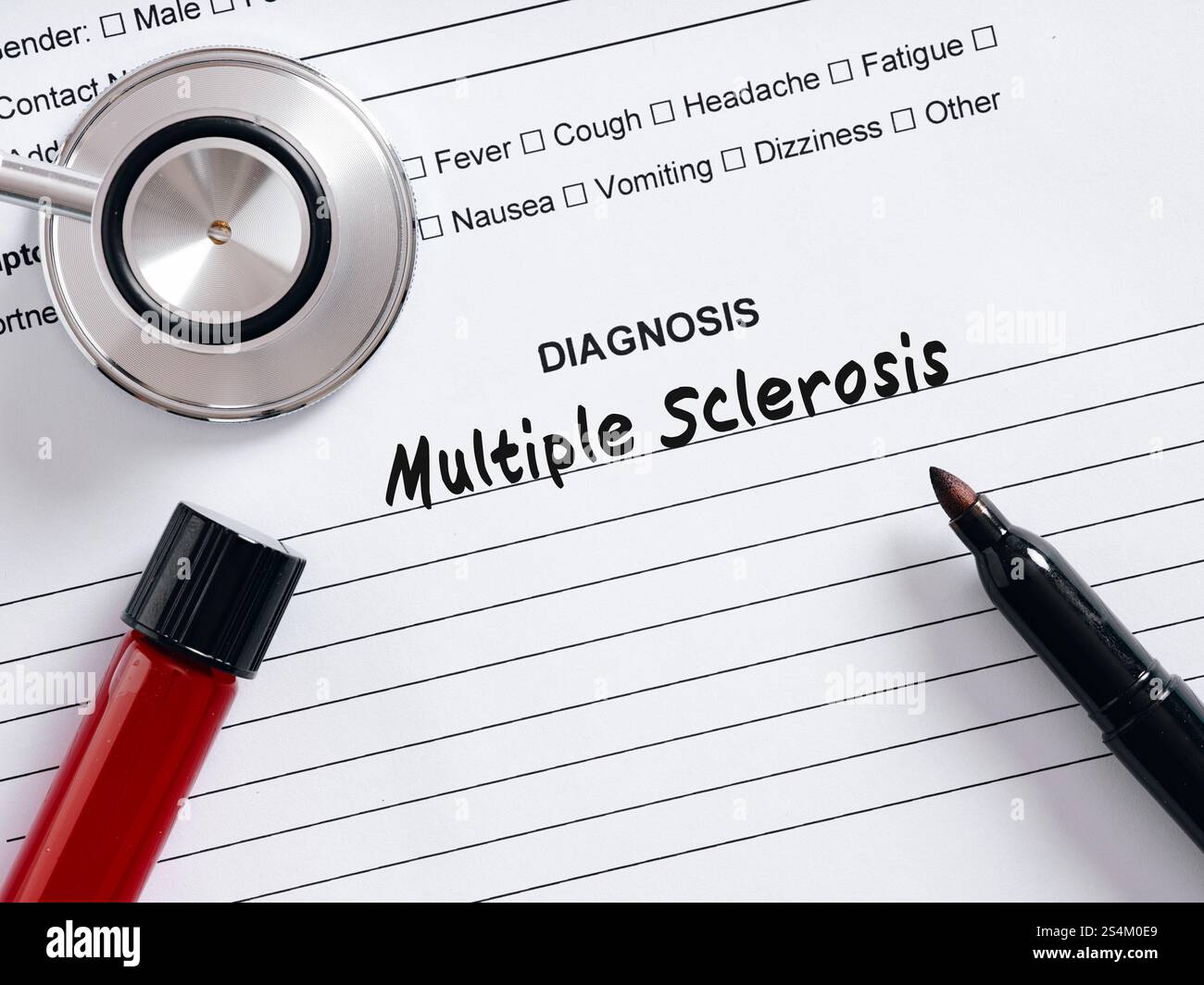 Medical chart showing multiple sclerosis diagnosis, blood sample ...