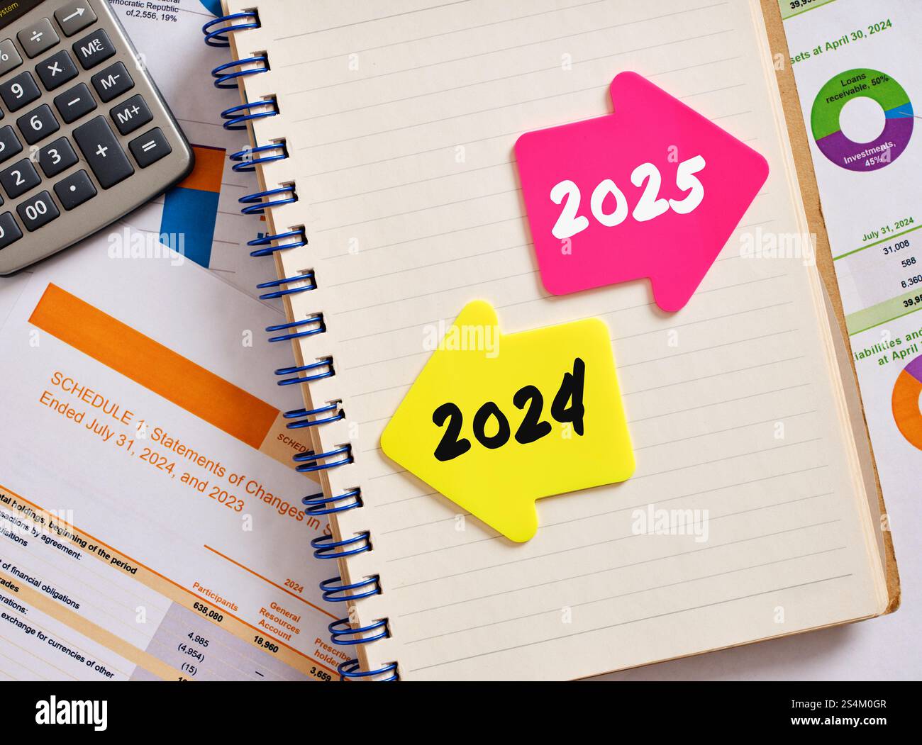 Colorful sticky notes shaped as arrows pointing towards the years 2024 ...
