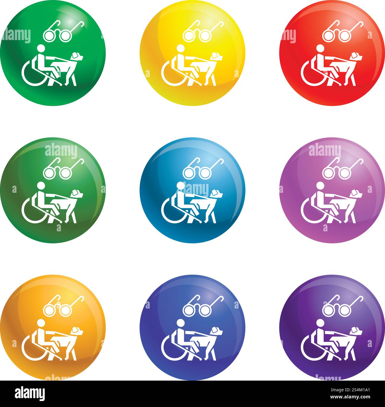 Blind man wheelchair dog icons vector 9 color set isolated on white ...