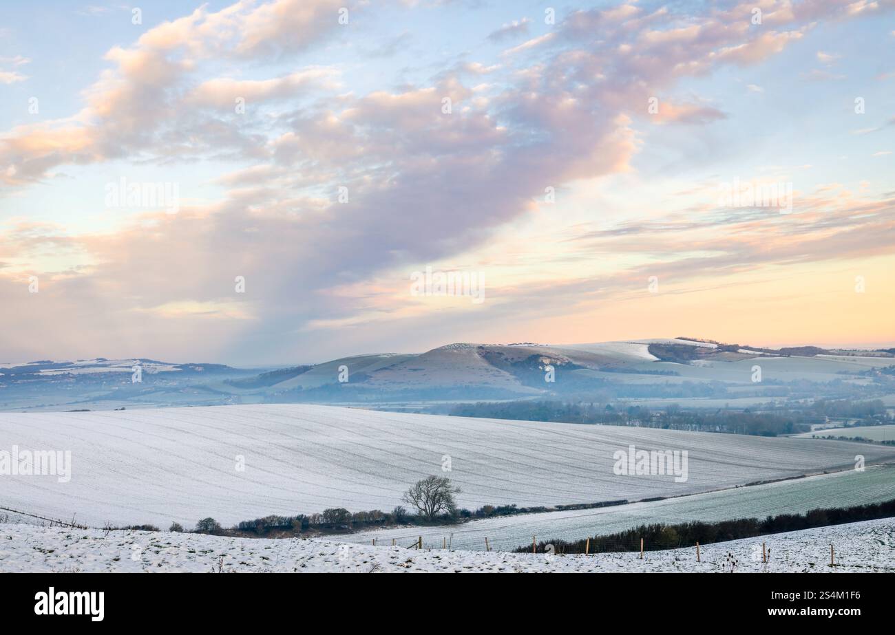 snowy winter landscape from Firle Beacon on the south downs east Sussex ...