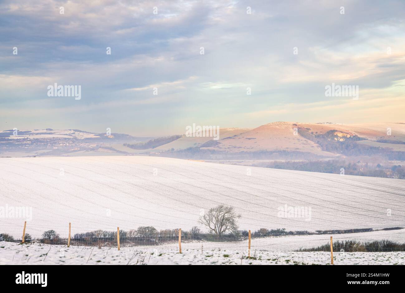 snowy winter landscape from Firle Beacon on the south downs east Sussex ...