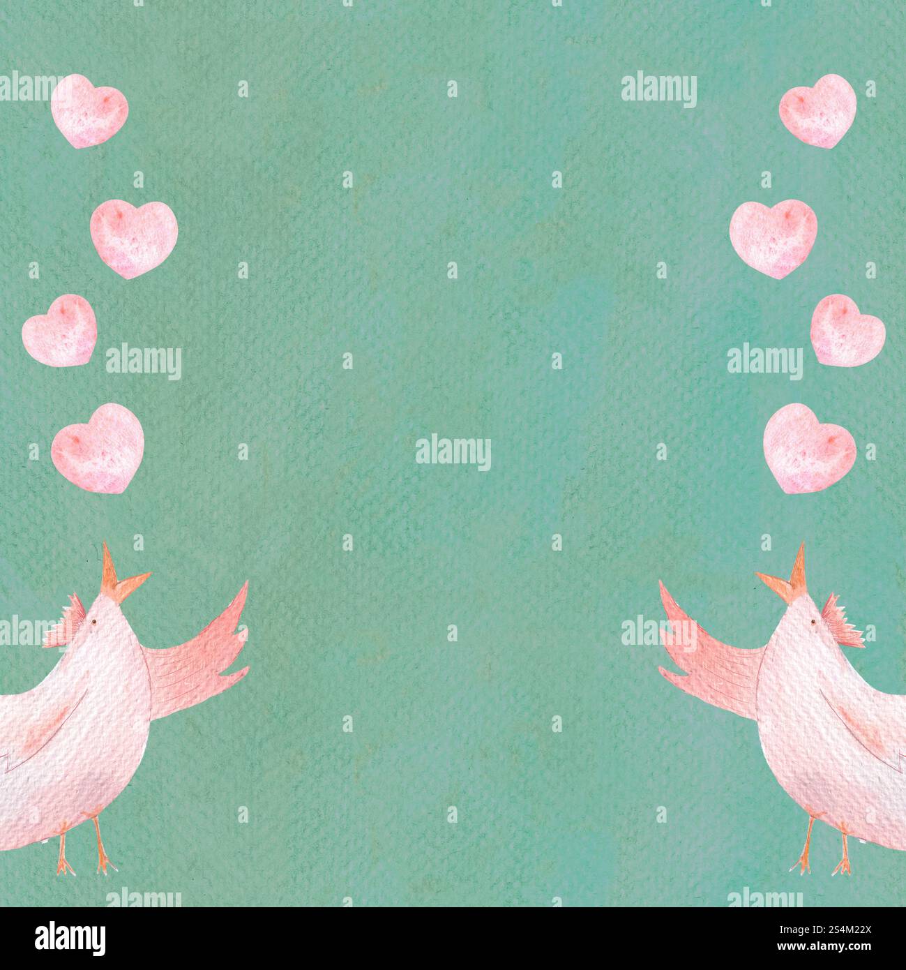 Cute bird singing love song hand painted watercolor frame on turquoise ...