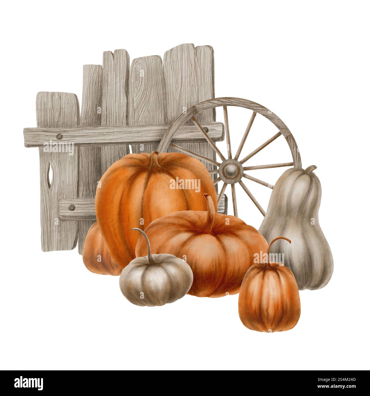 Rustic orange and grey pumpkins,a cart wheel and a piece of gray wooden ...