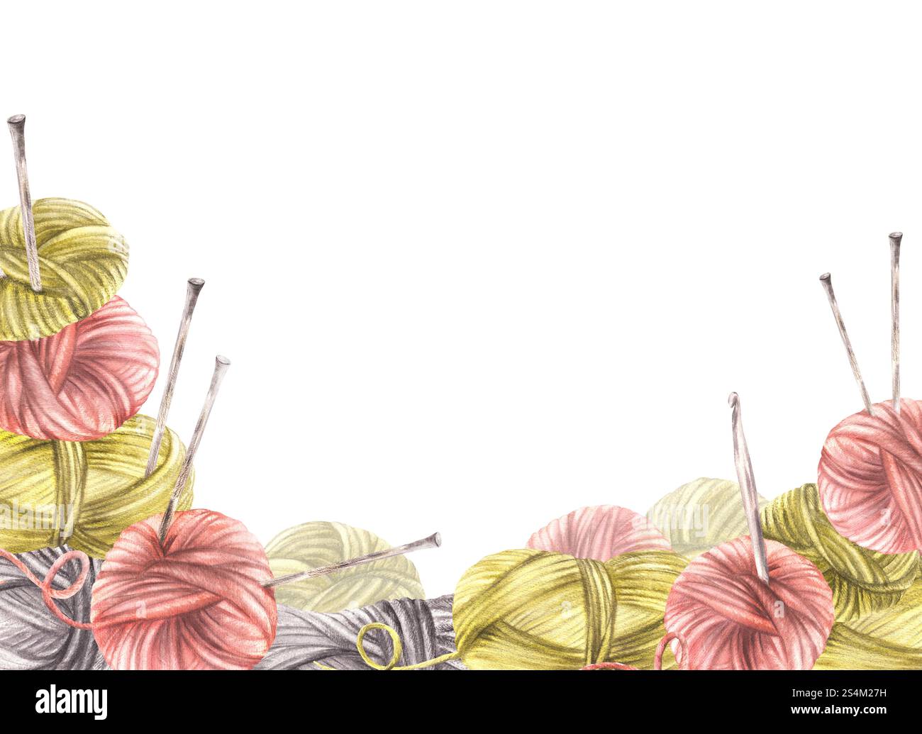 Balls of yarn threads in different color banner, frame. Watercolor hand ...