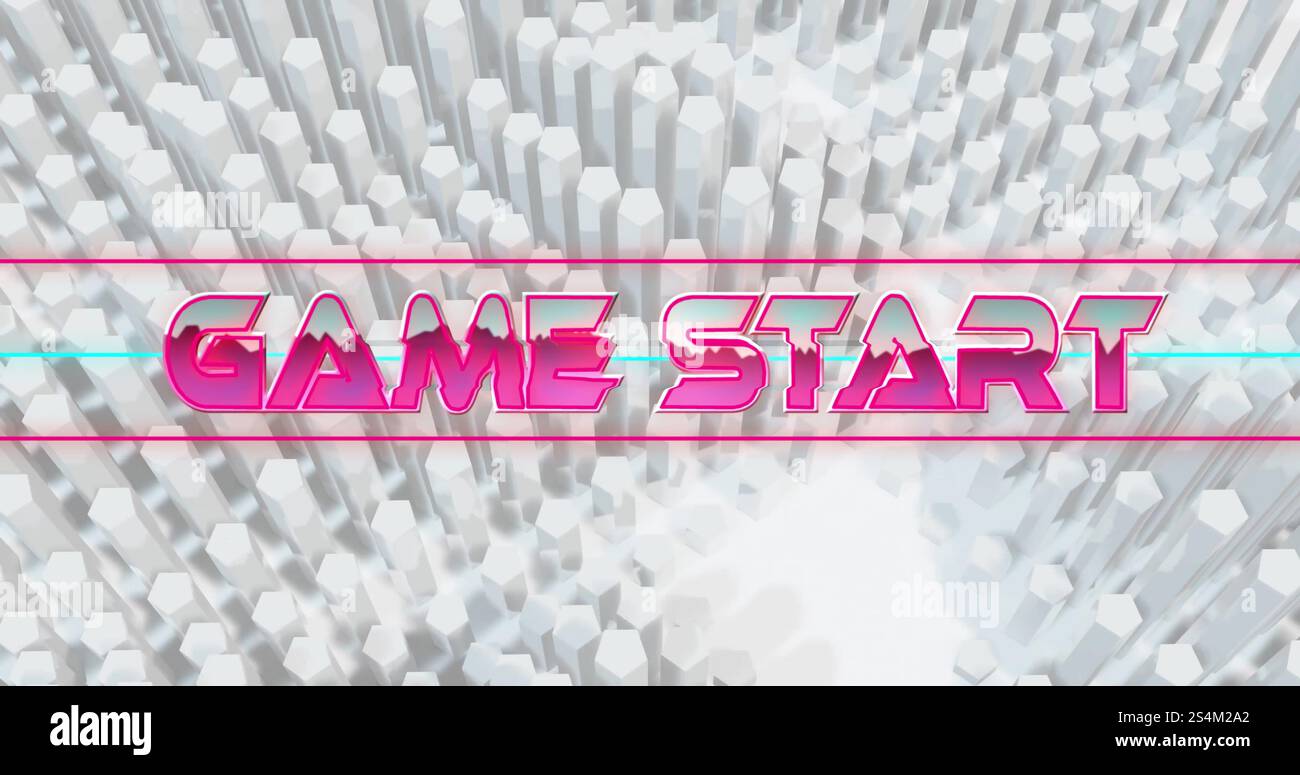 Image of game start text over neon lines and 3d white blocks background ...