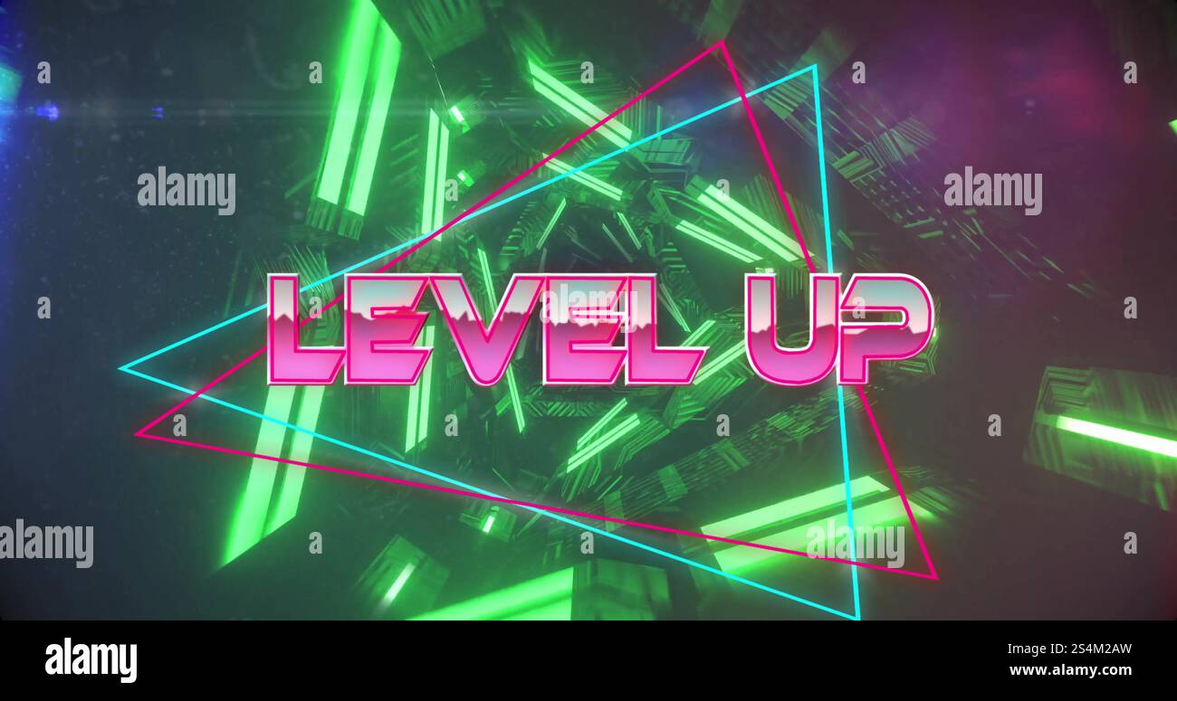 Image of level up text over neon pattern background. Global image game, digital interface ...