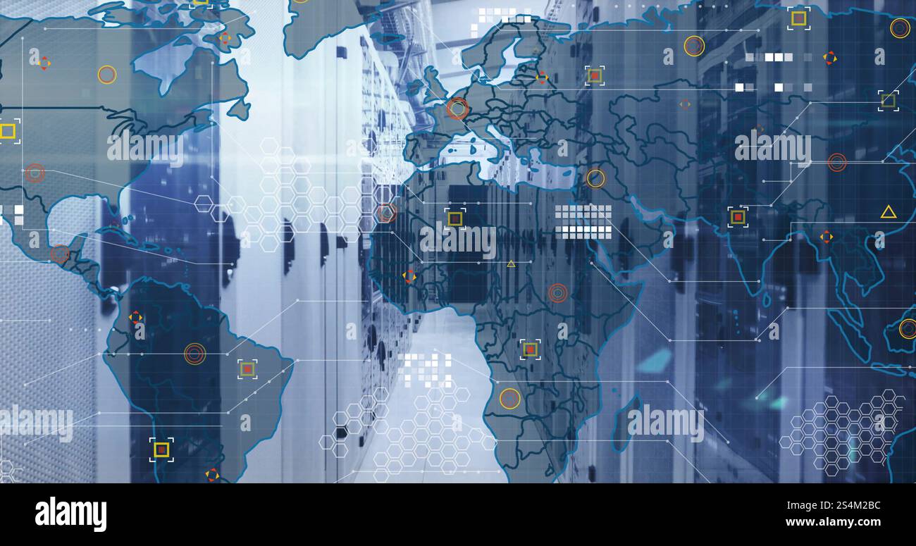 Image of world map and data processing over computer servers Stock ...