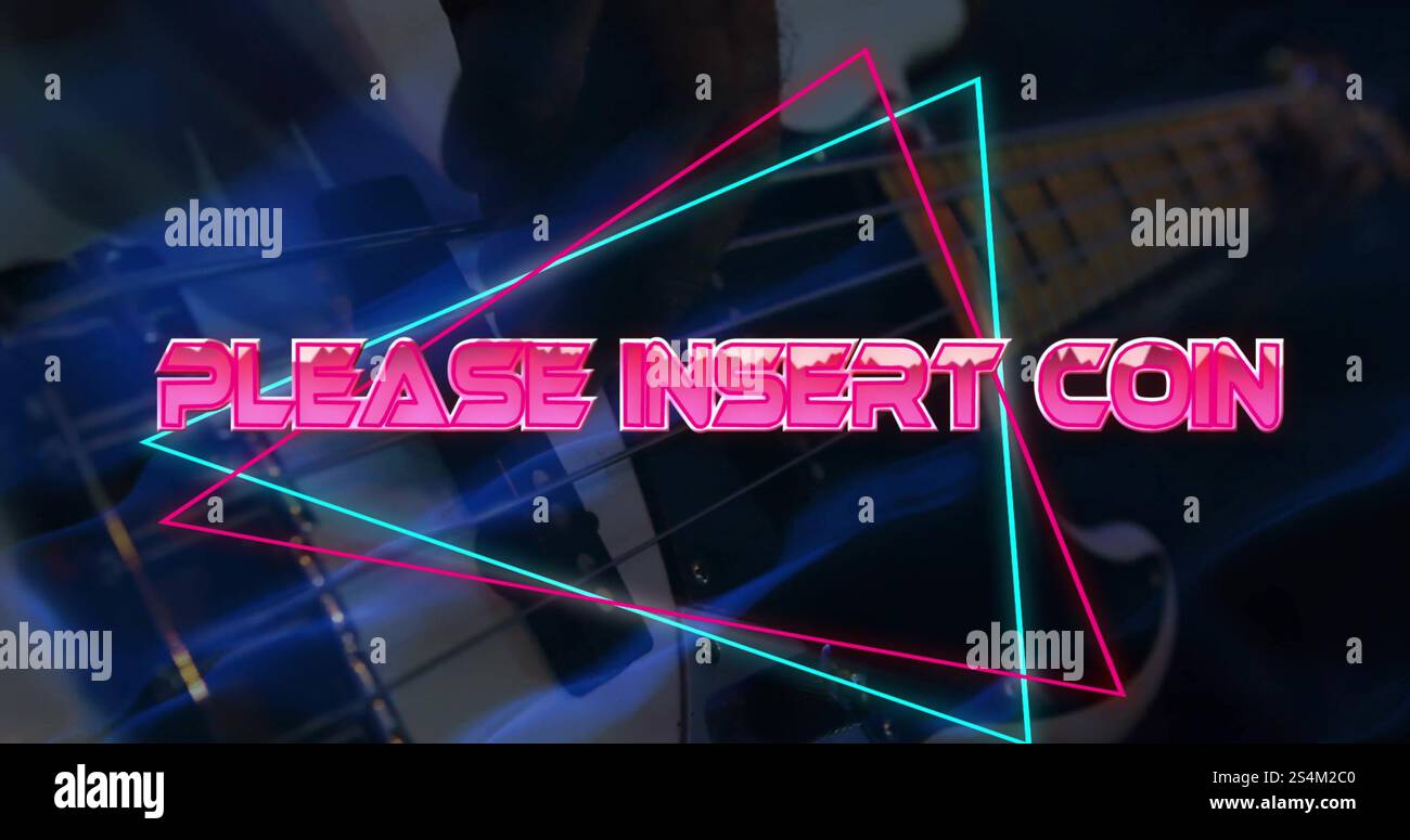 Image of please insert coin text over neon pattern background. Global ...