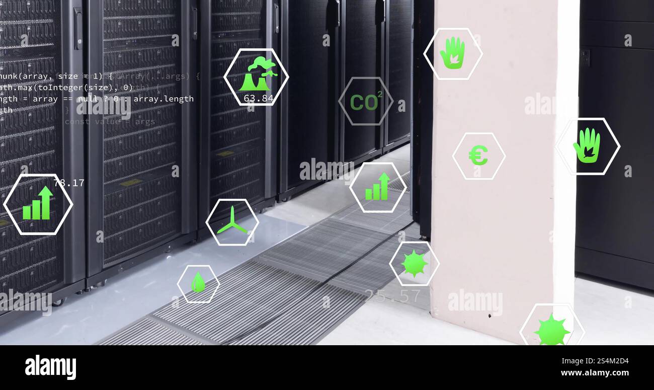 Image of eco icons and digital data processing over computer servers ...