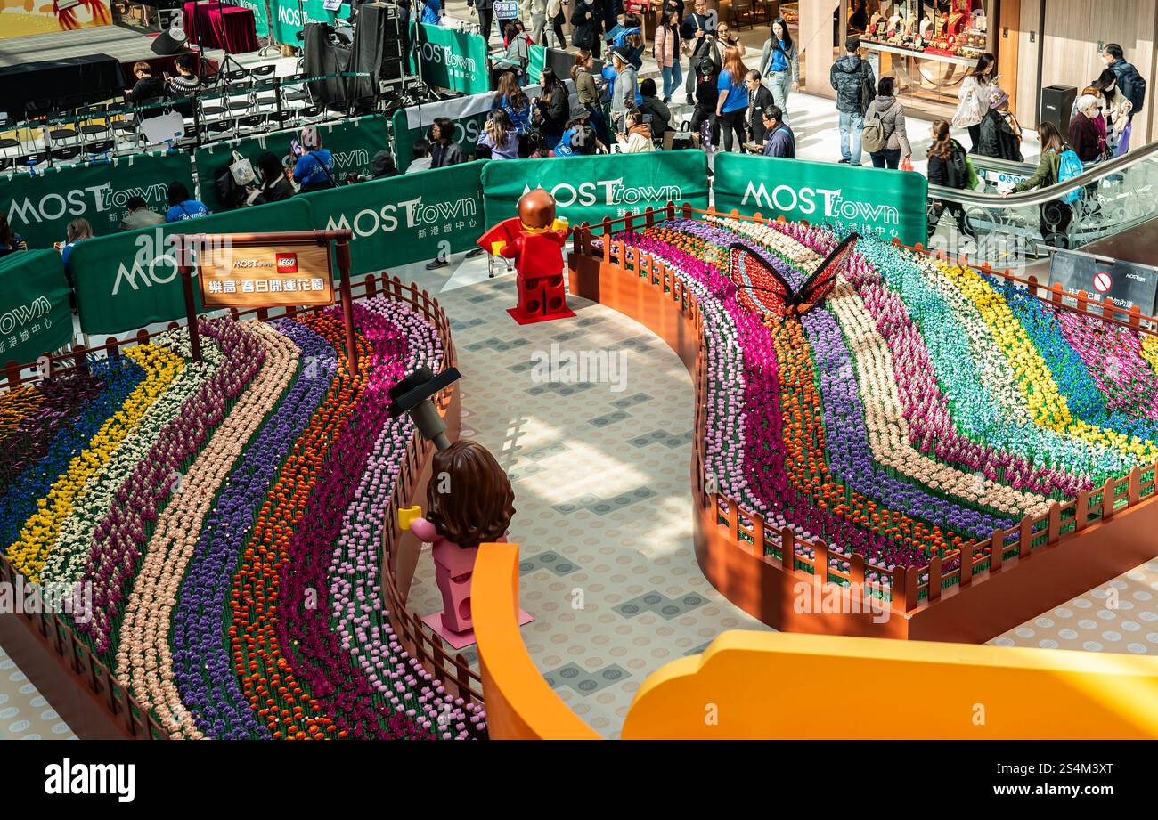 Hong Kong,China.11th January 2025. Flowers built with Lego bricks are ...