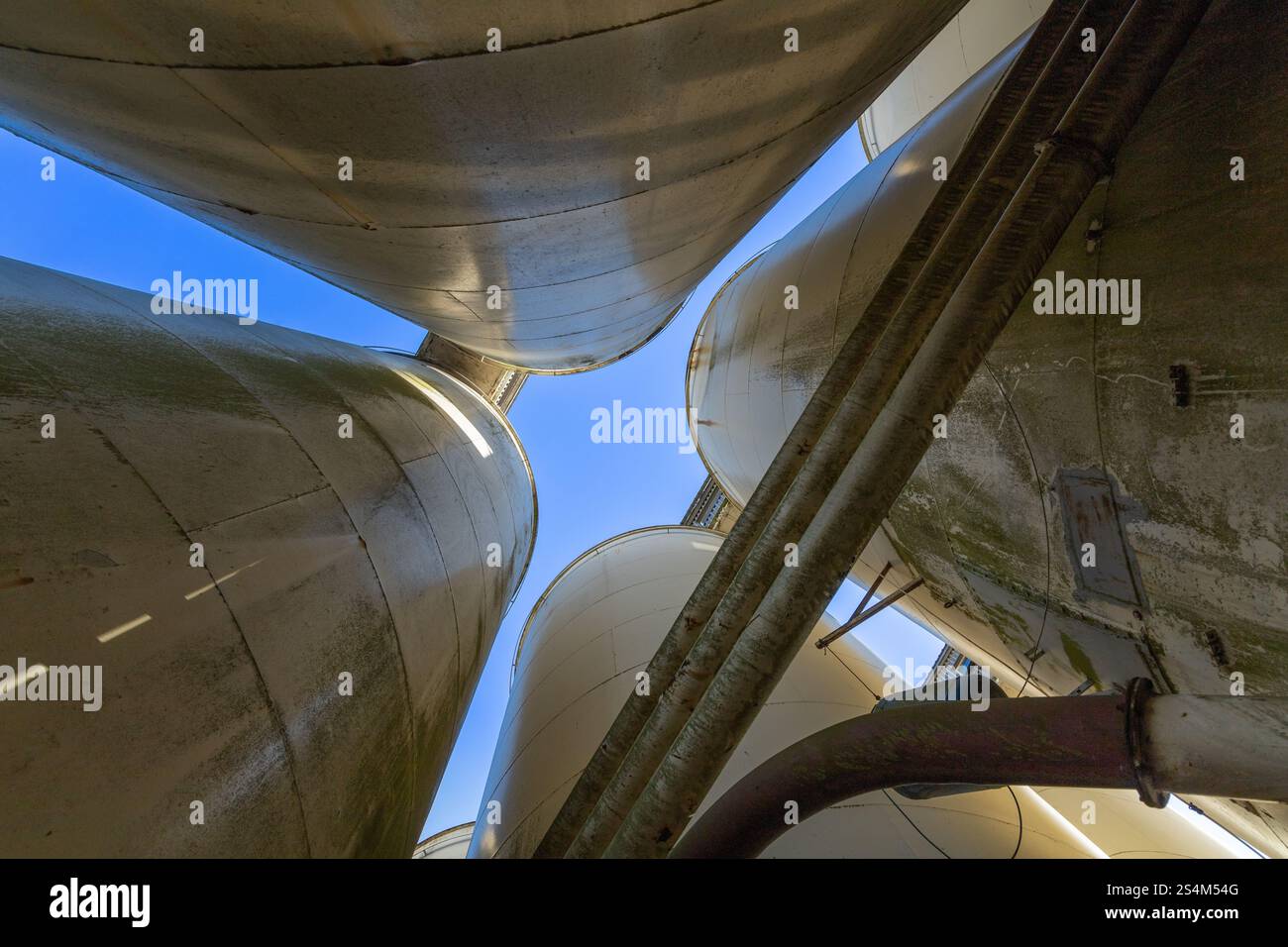 Four silos seen from below with a blue sky Stock Photo - Alamy