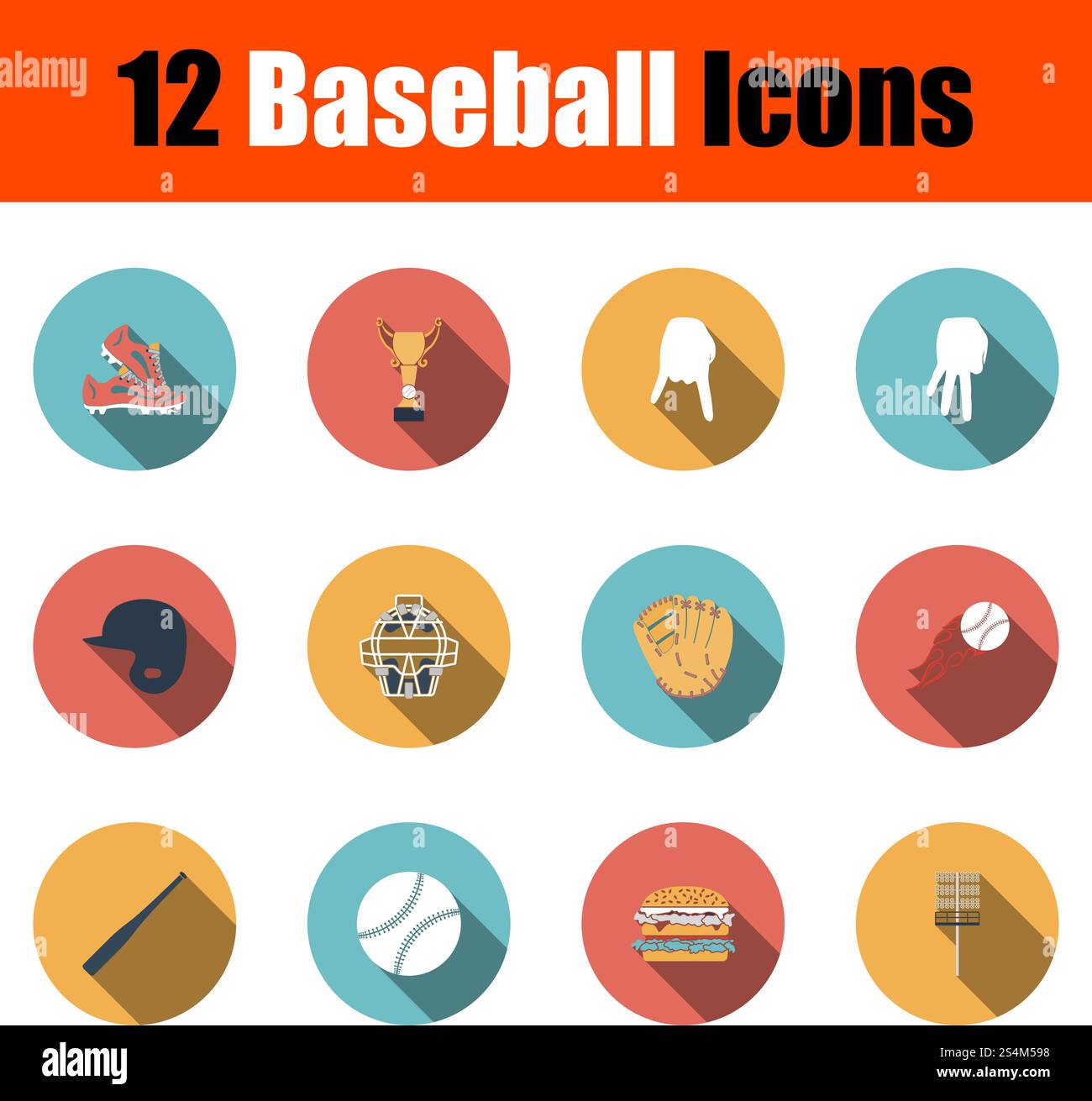 Baseball Icon Set. Flat Design With Long Shadow. Vector illustration ...