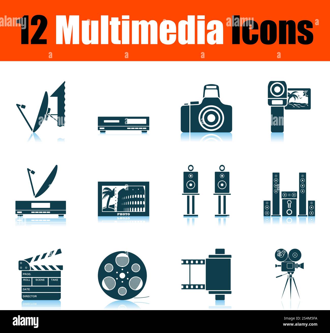 Multimedia Icon Set. Shadow Reflection Design. Vector Illustration ...