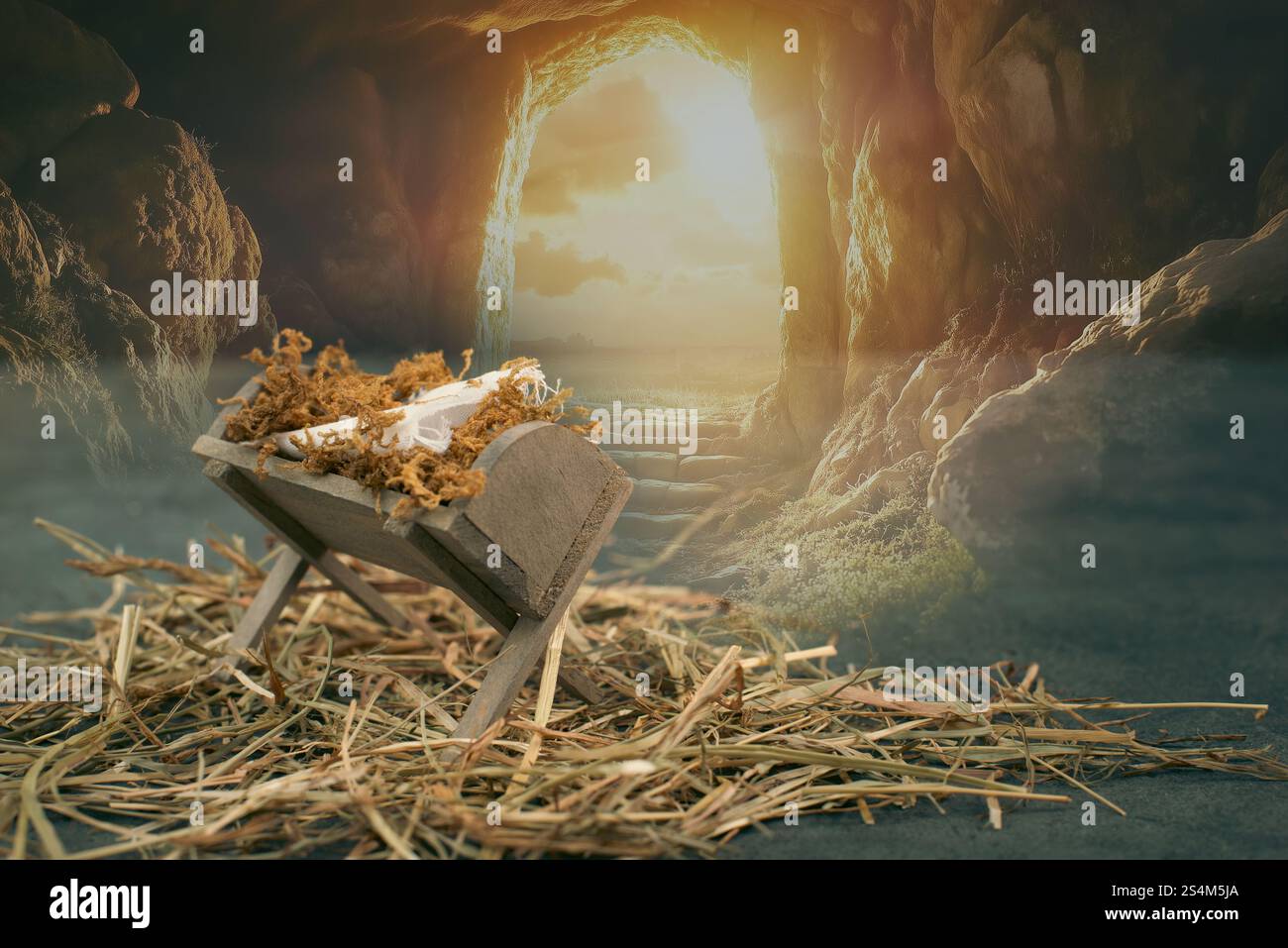 Birth and resurrection of Jesus Christ, manger in Bethlehem, empty grave tomb with shroud ...