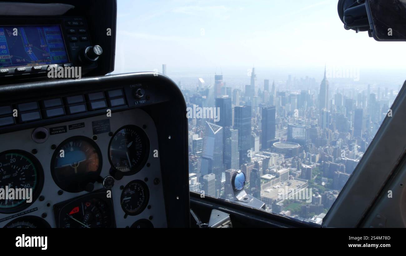 New York City helicopter cabin flight, heli cockpit flying over ...