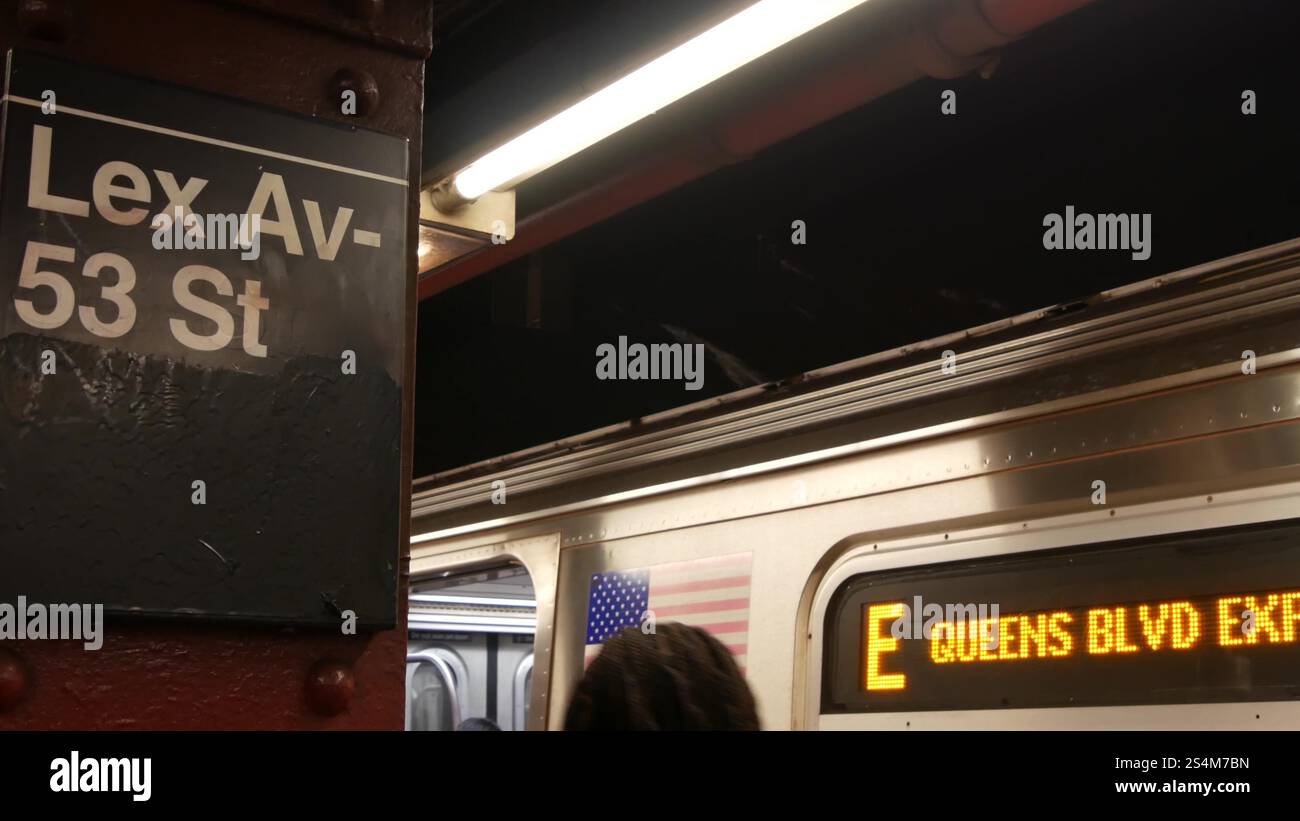 New York City subway station interior, underground metropolitan platform sign. Metro train ...