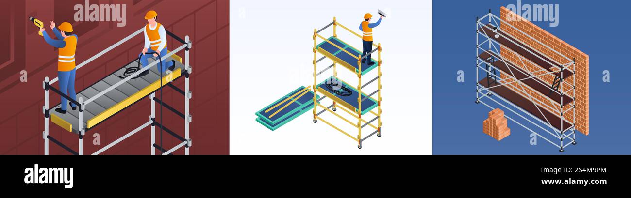 Scaffolding banner set. Isometric set of scaffolding vector banner for ...