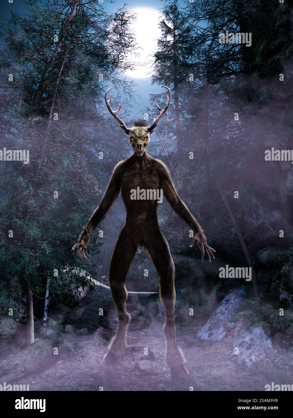 The mythological creature or evil spirit Wendigo originating from Algonquian folklore at night ...