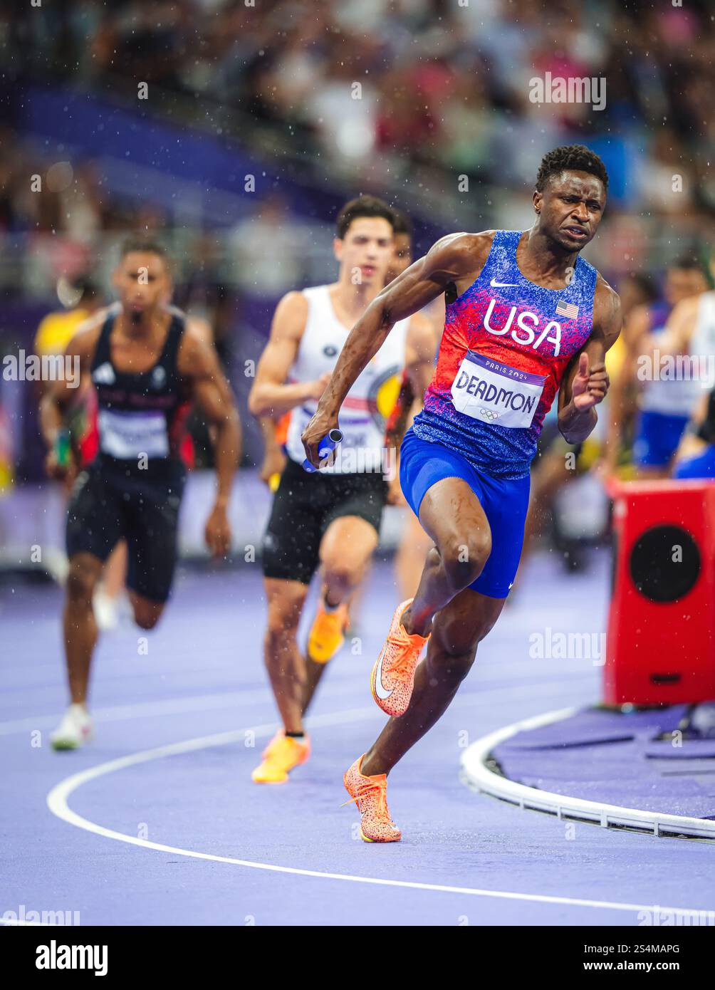 Bryce Deadmon participating in the 4X400 meters relay at the Paris 2024 ...