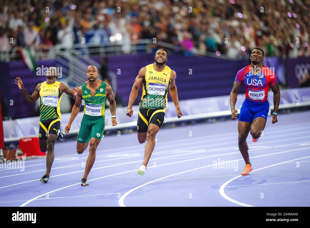 Kishane Thompson participating in the 100 metres at the Paris 2024 ...