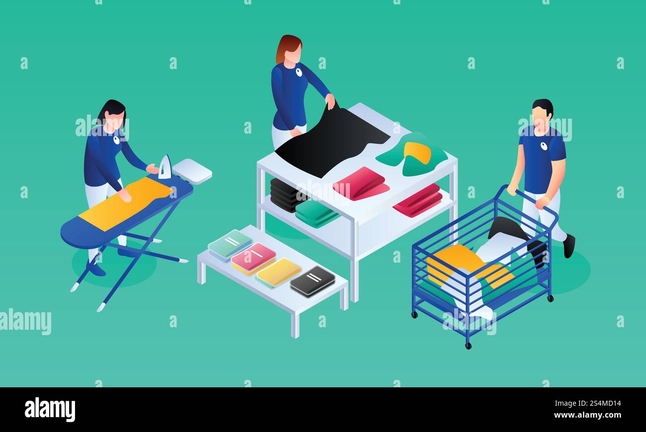 Laundry work service room banner. Isometric illustration of laundry ...