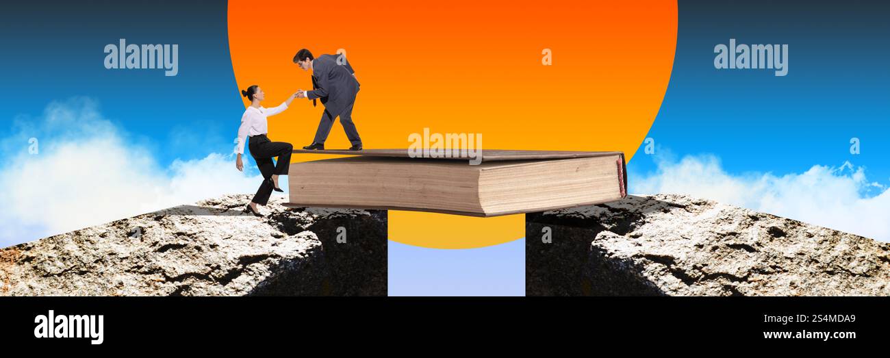 Man helping woman cross gap using book as bridge, symbolizing teamwork ...