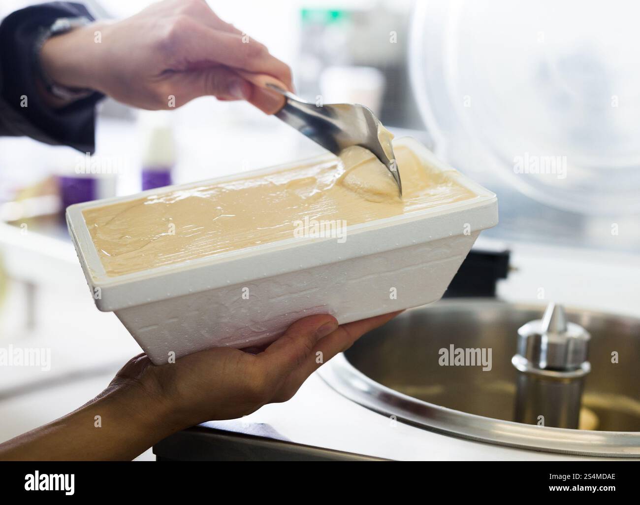 Thermal insulation tray with ice cream preparation process at factory ...