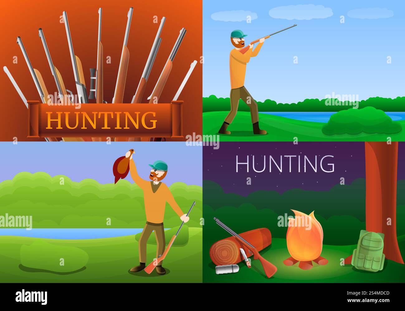 Modern hunting equipment banner set. Cartoon illustration of modern ...