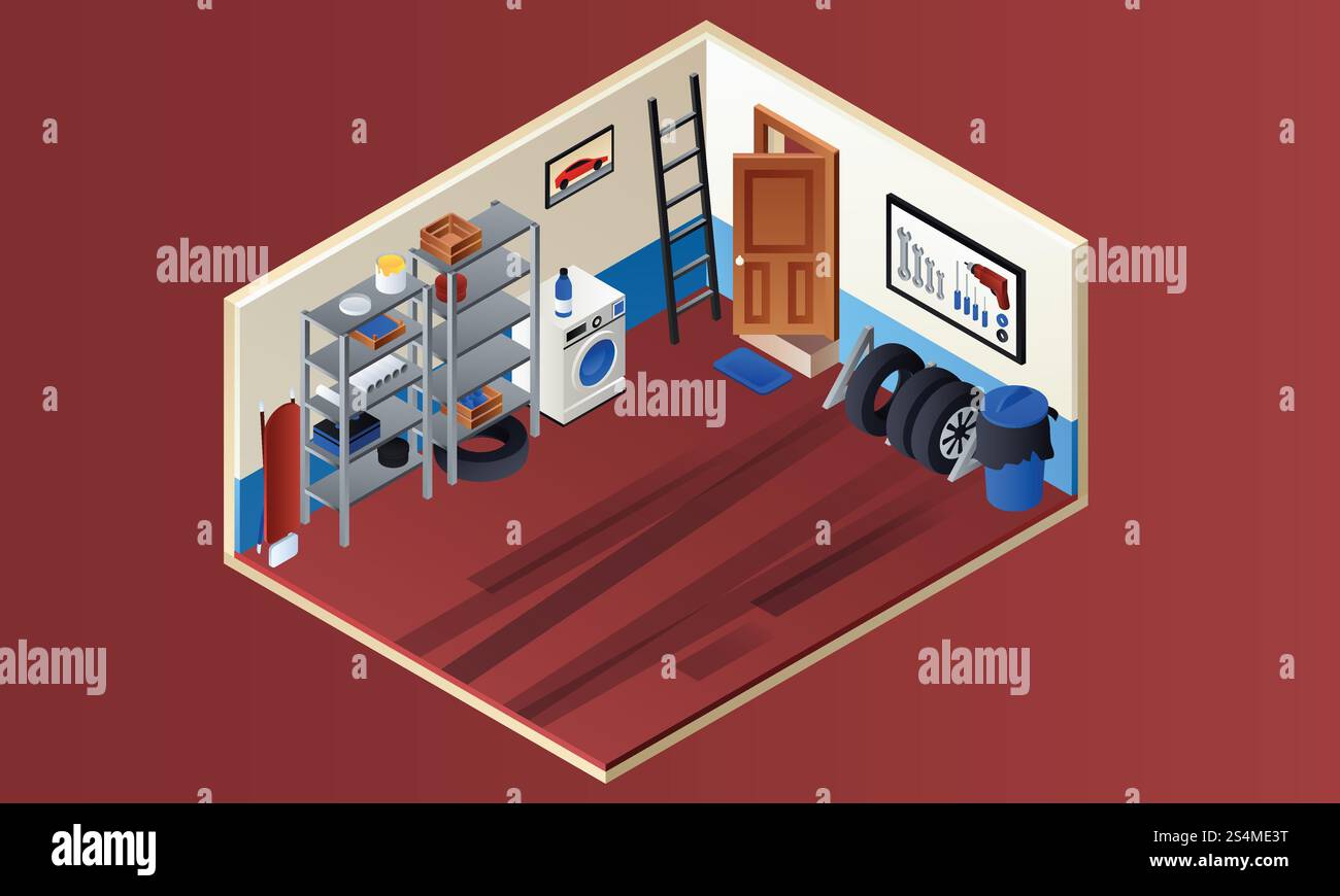 Home garage interior banner. Isometric illustration of home garage ...