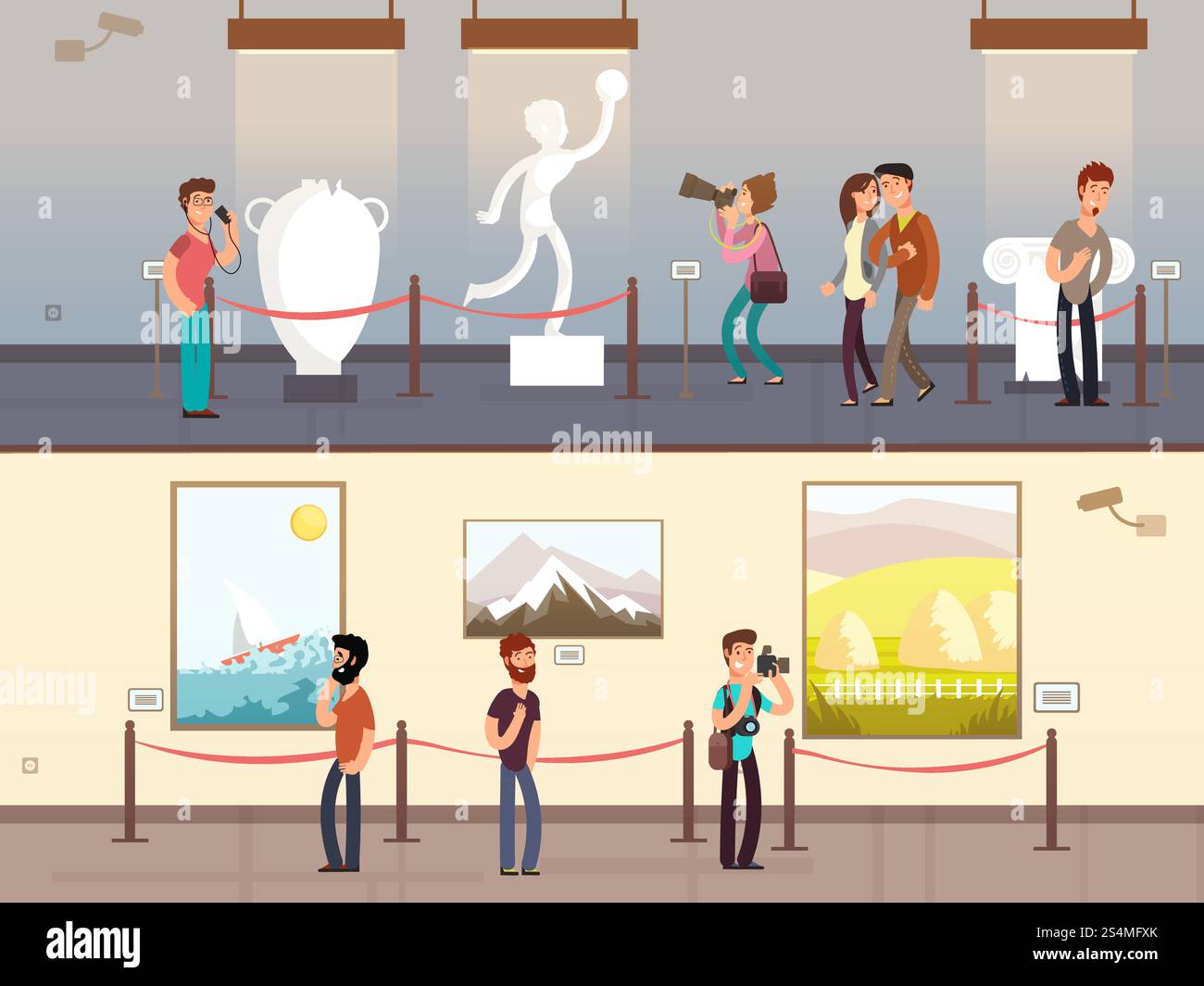 Museum interiors with visitors looking at exhibits vector illustration ...