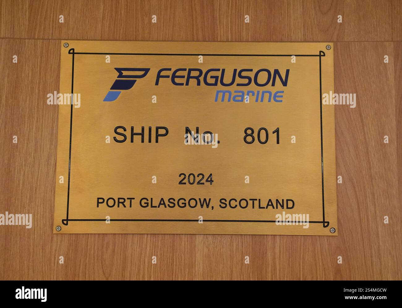 A plaque onboard The Glen Sannox ferry as it journeys from Troon to ...