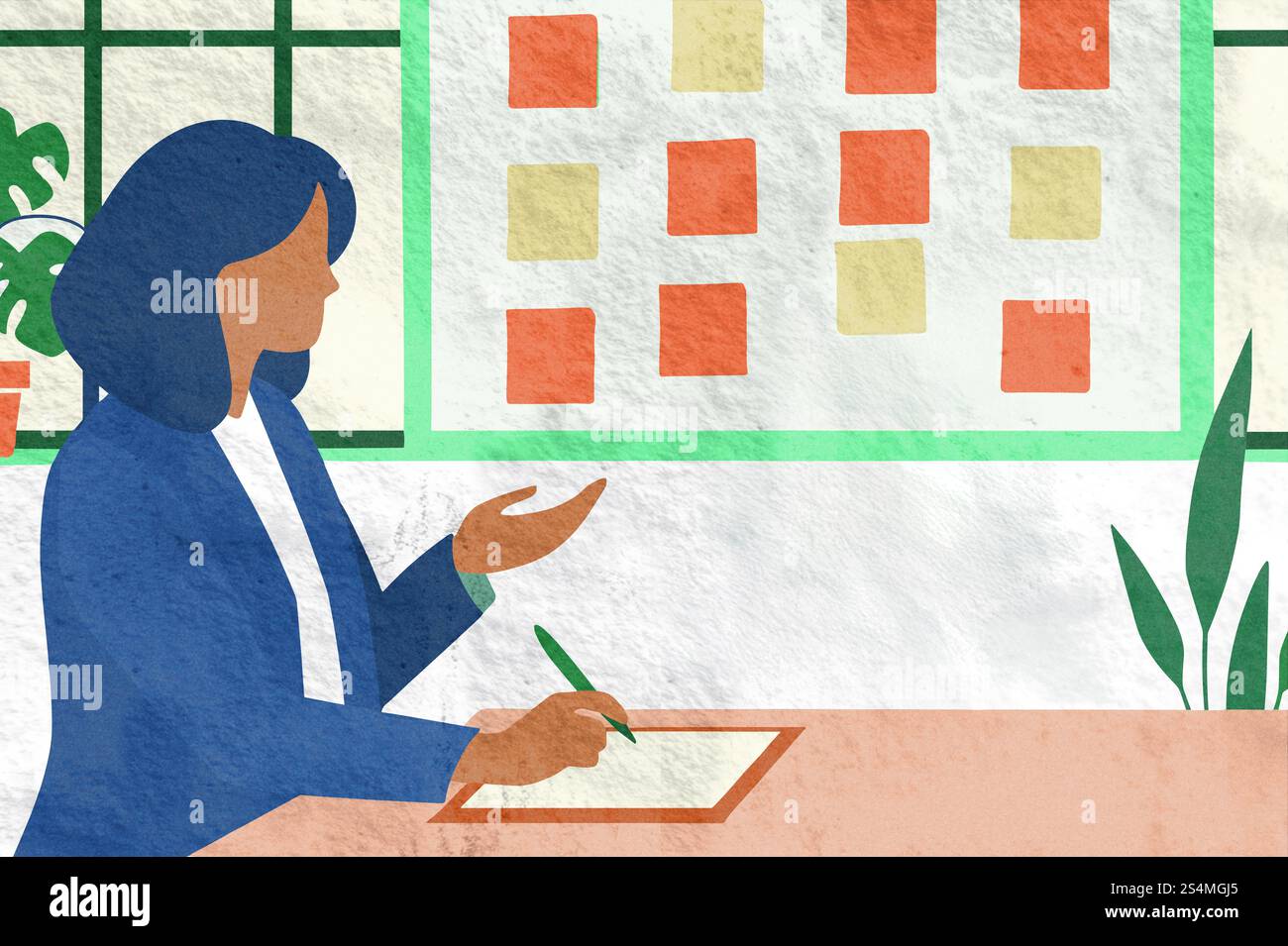 A businesswoman is seated at a table, writing notes while gesturing ...