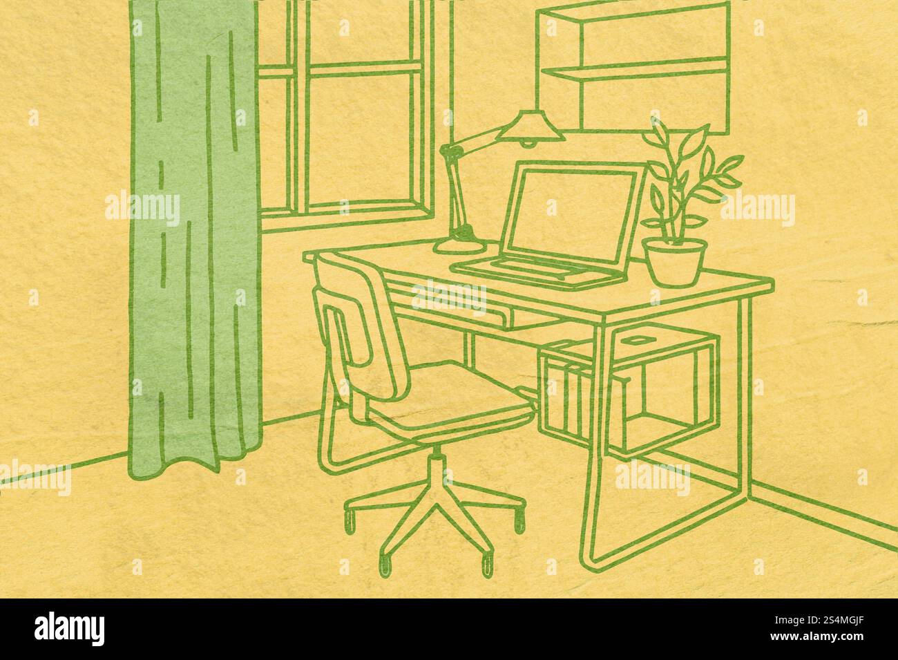 A cozy workspace is illustrated with a desk, chair, and laptop near a ...