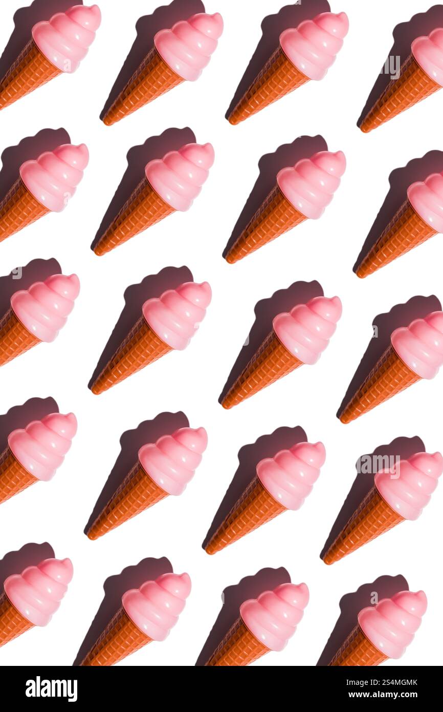 A repeating pattern of pink plastic ice cream cones on a white ...
